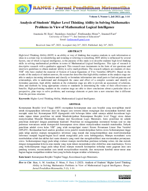 (PDF) Analysis of Students' Higher Level Thinking Ability in Solving ...