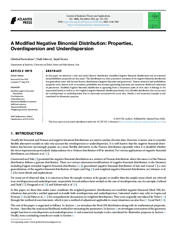 (PDF) A Modified Negative Binomial Distribution: Properties, Overdispersion and Underdispersion