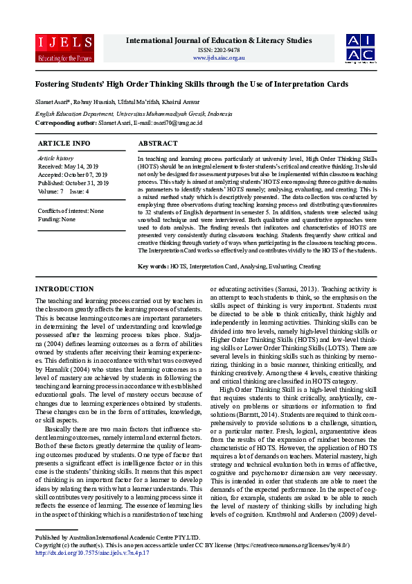 (PDF) Fostering Students’ High Order Thinking Skills through the Use of ...