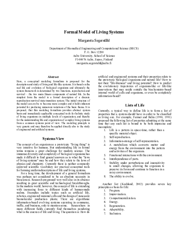 (PDF) Formal Model of Living Organisms