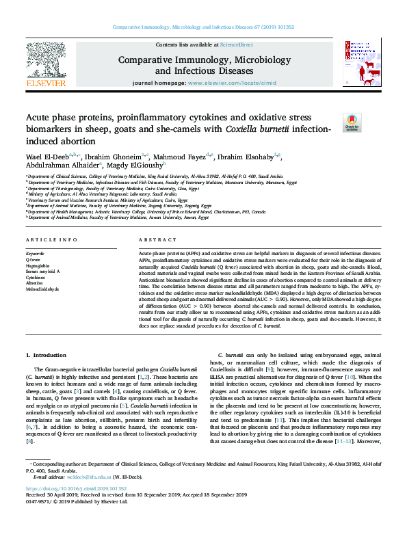 (PDF) Acute Phase Proteins, Proinflammatory Cytokines and Oxidative Stress Biomarkers in Sheep ...