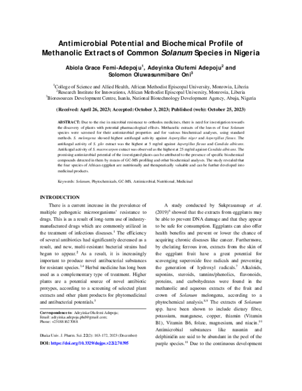 (PDF) Antimicrobial Potential and Biochemical Profile of Methanolic Extracts of Common Solanum ...