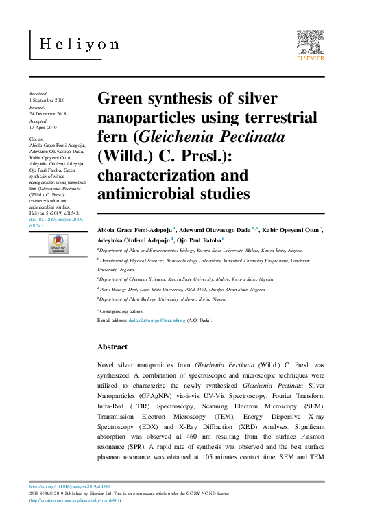 (PDF) Green synthesis of silver nanoparticles using terrestrial fern (Gleichenia Pectinata ...