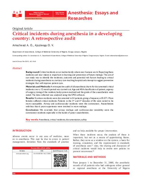 (PDF) Critical incidents during anesthesia in a developing country: A retrospective audit
