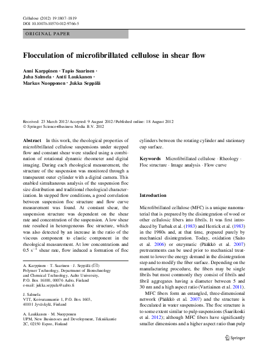 (PDF) Flocculation of microfibrillated cellulose in shear flow