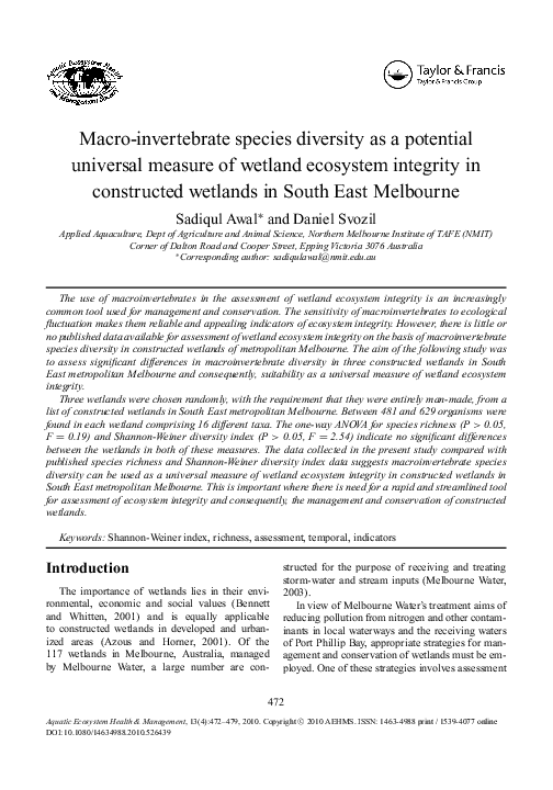 (PDF) Macro-invertebrate species diversity as a potential universal measure of wetland ecosystem ...