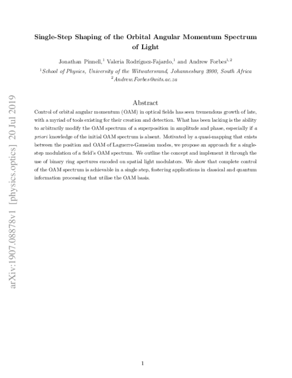 Pdf Single Step Shaping Of The Orbital Angular Momentum Spectrum Of Light