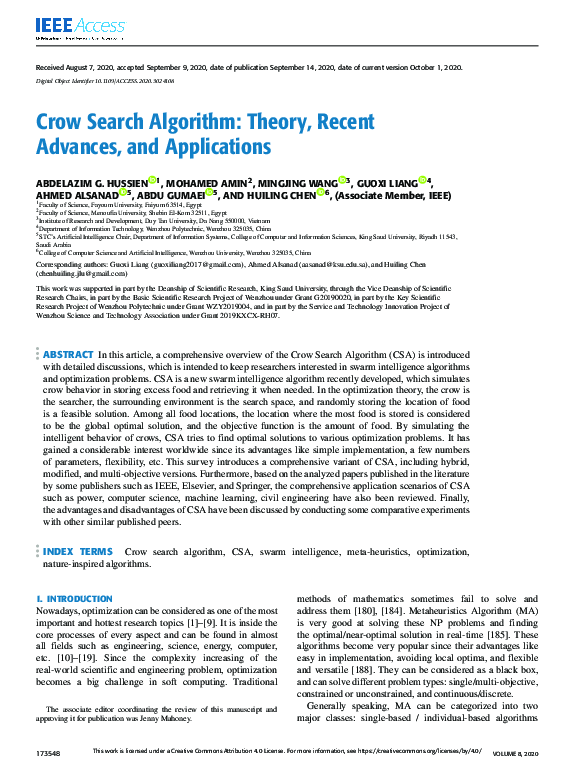 (PDF) Crow Search Algorithm: Theory, Recent Advances, and Applications
