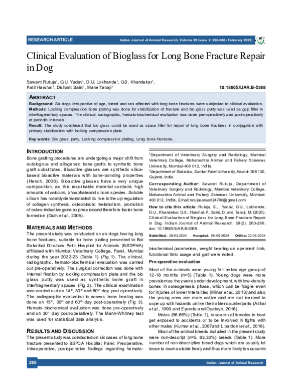 (PDF) Clinical Evaluation of Bioglass for Long Bone Fracture Repair in Dog