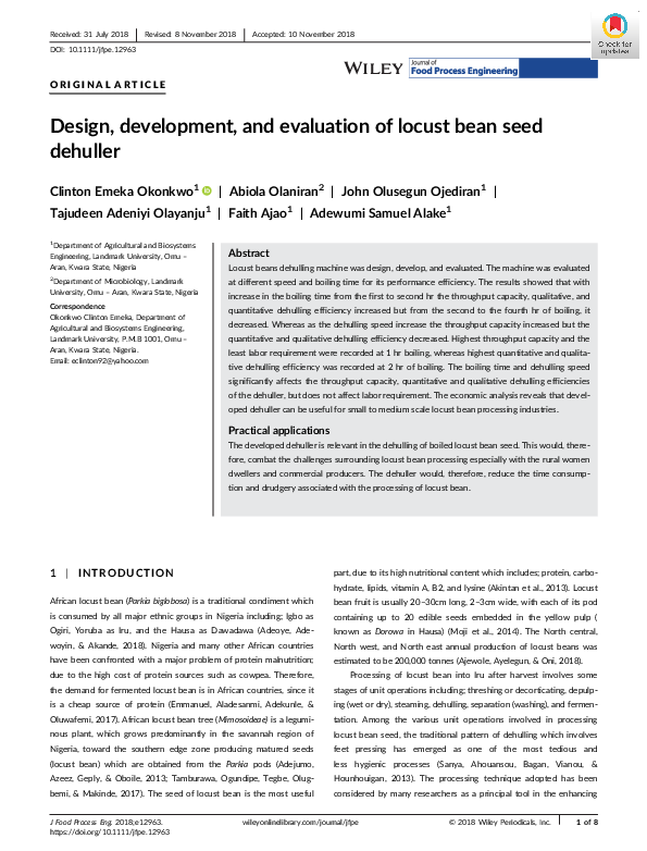 Design, development, and evaluation of locust bean seed dehuller