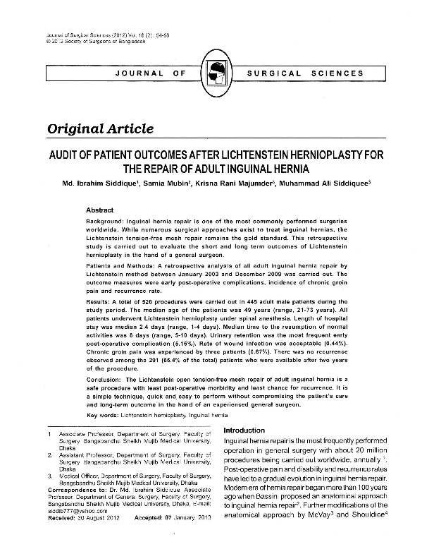 (PDF) Audit of Patient Outcomes after Lichtenstein Hernioplasty for the ...