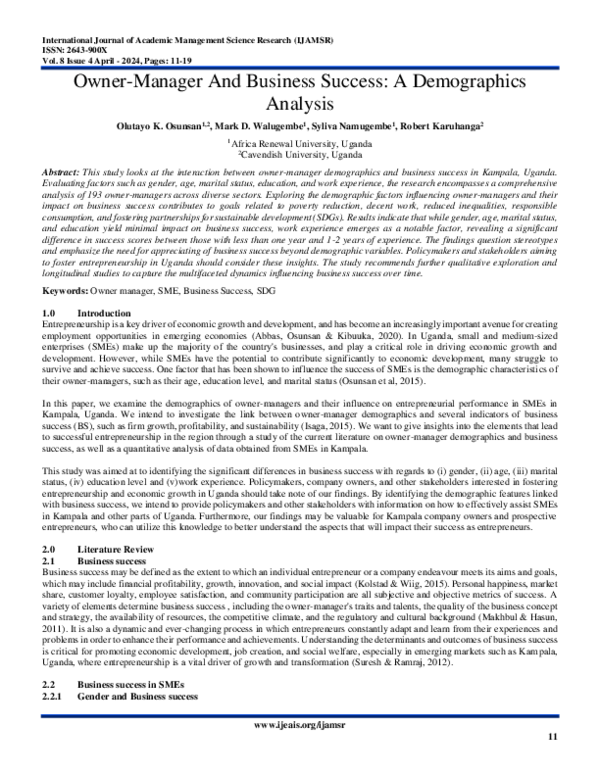 (PDF) Owner-Manager And Business Success: A Demographics Analysis