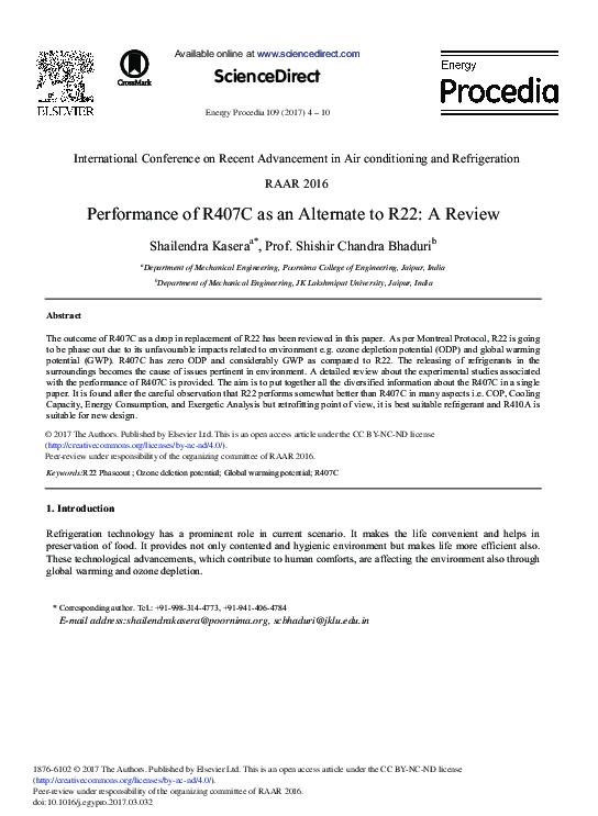 (PDF) Performance of R407C as an Alternate to R22: A Review