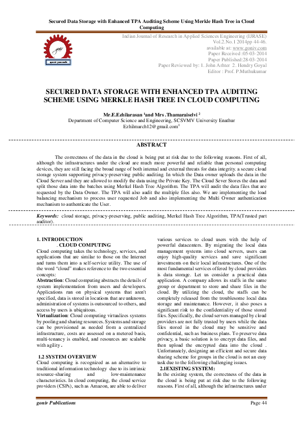 (PDF) Secured Data Storage with Enhanced TPA Auditing Scheme using Merkle Hash Tree in Cloud ...
