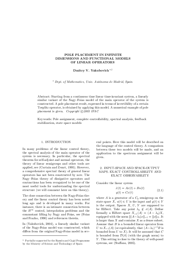 (PDF) Pole Placement in Infinite Dimensions and Functional Models of Linear Operators