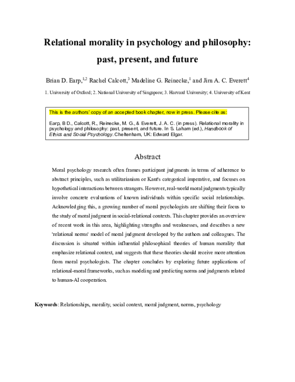 (PDF) Relational morality in psychology and philosophy: past, present ...