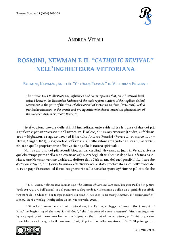(PDF) Rosmini, Newman e il “Catholic Revival” nell’Inghilterra vittoriana