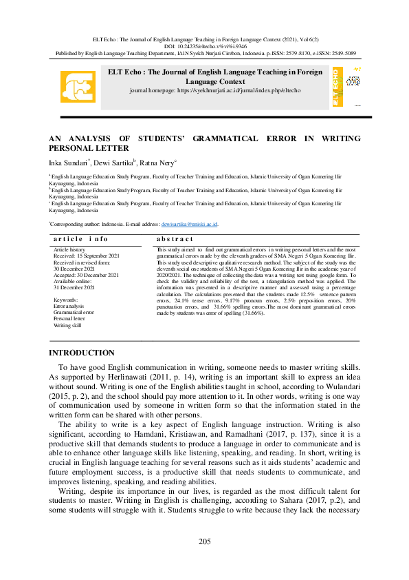 (PDF) An Analysis of Students’ Grammatical Error in Writing Personal Letter