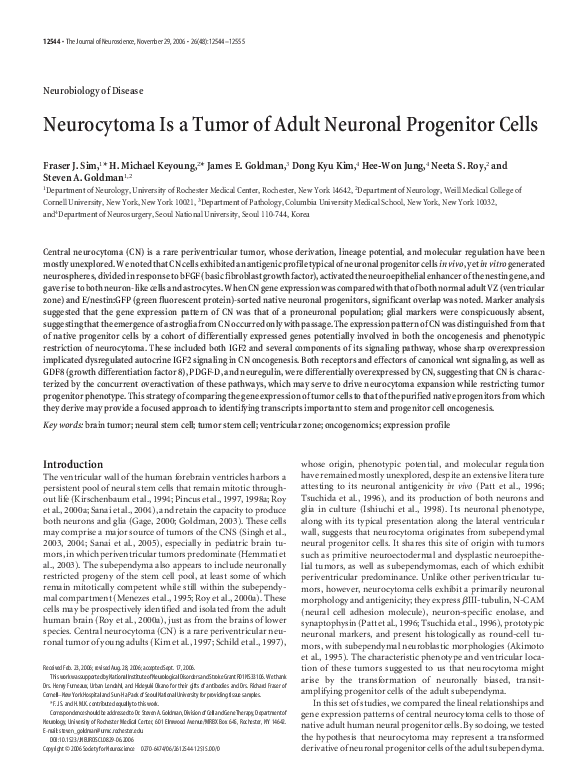 (PDF) Neurocytoma Is a Tumor of Adult Neuronal Progenitor Cells