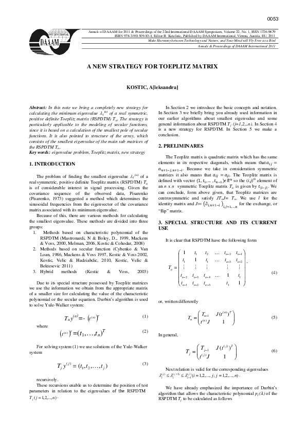 (PDF) A New Strategy for Toeplitz Matrix