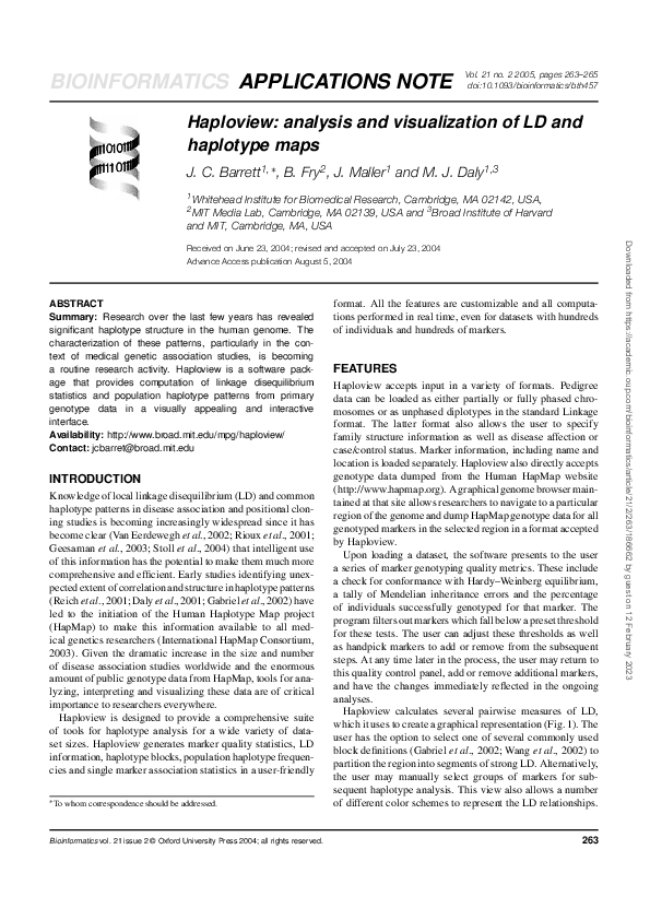 (PDF) Haploview: analysis and visualization of LD and haplotype maps