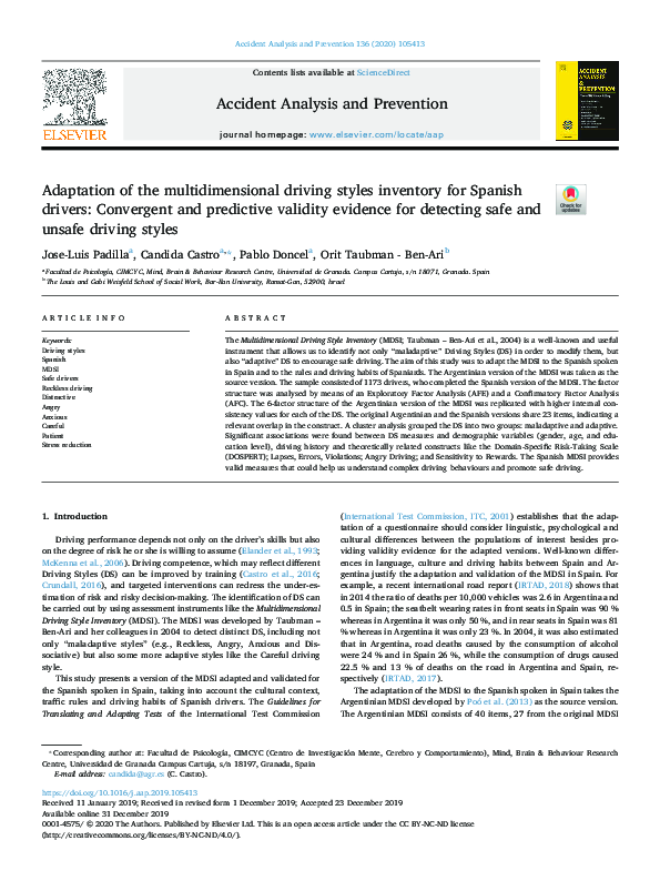 (PDF) Adaptation of the multidimensional driving styles inventory for ...