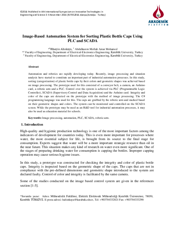 (PDF) Image-Based Automation System for Sorting Plastic Bottle Caps Using PLC and SCADA