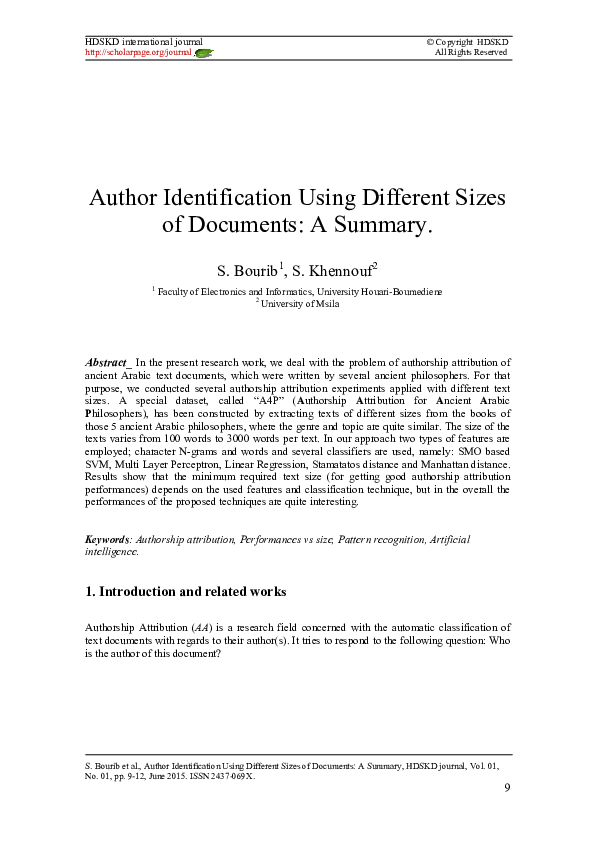 (PDF) Author Identification Using Different Sizes of Documents: A Summary