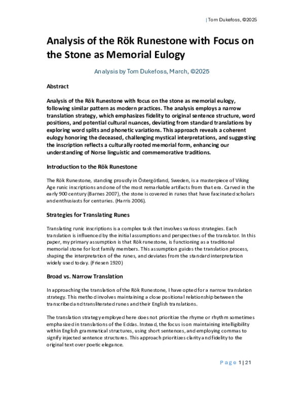 (PDF) Analysis of the Rök Runestone with Focus on the Stone as Memorial Eulogy