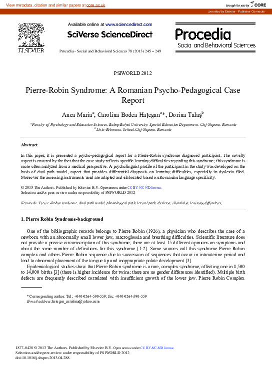 (PDF) Pierre-Robin Syndrome: A Romanian Psycho-Pedagogical Case Report