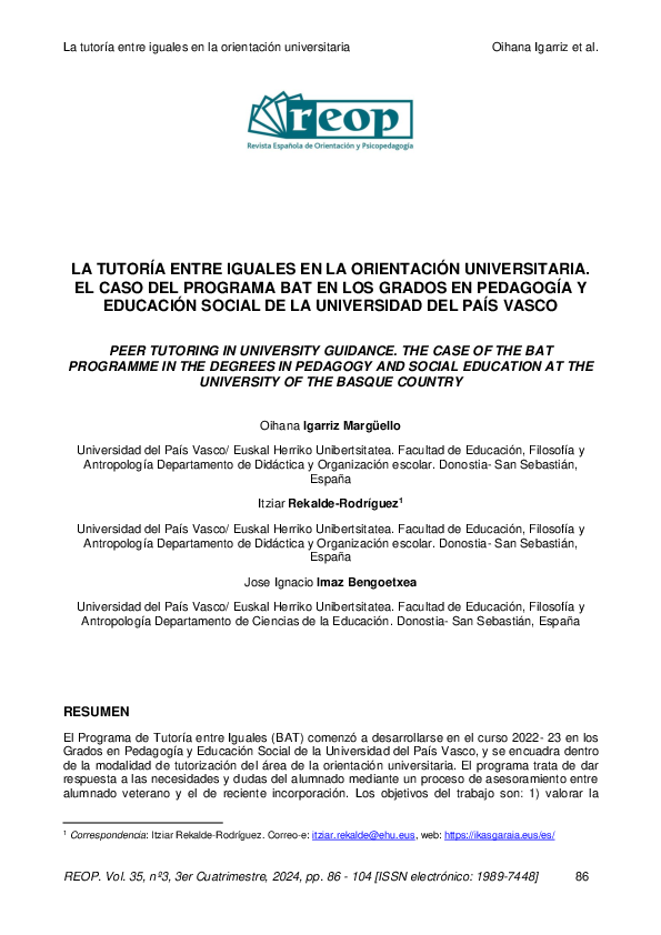 (PDF) La tutoría entre iguales en la orientación universitaria. El caso del Programa BAT en los ...