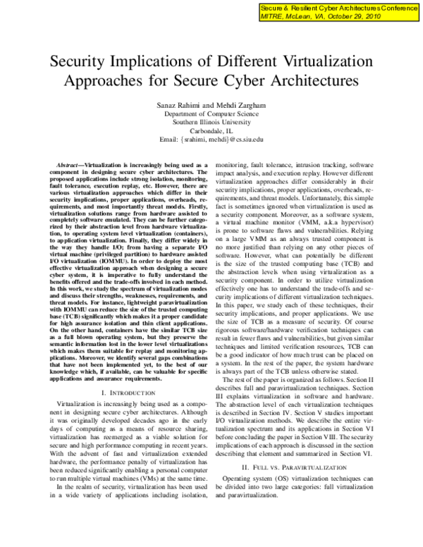 (PDF) Security Implications of Different Virtualization Approaches for Secure Cyber Architectures