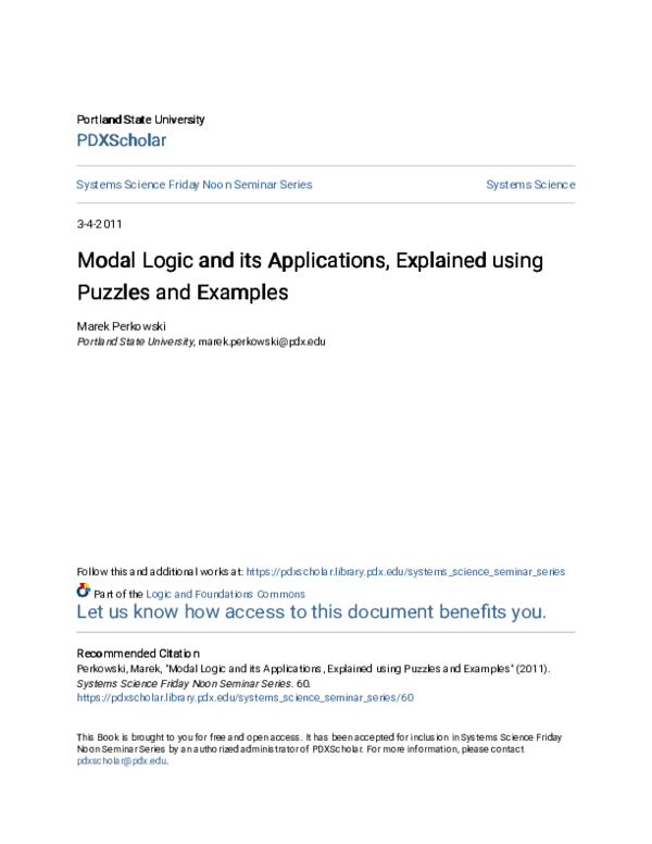 (PDF) Modal Logic and Its Applications, Explained Using Puzzles and ...