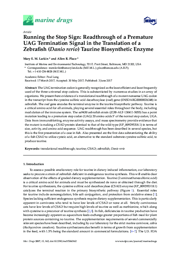 (PDF) Running the Stop Sign: Readthrough of a Premature UAG Termination ...