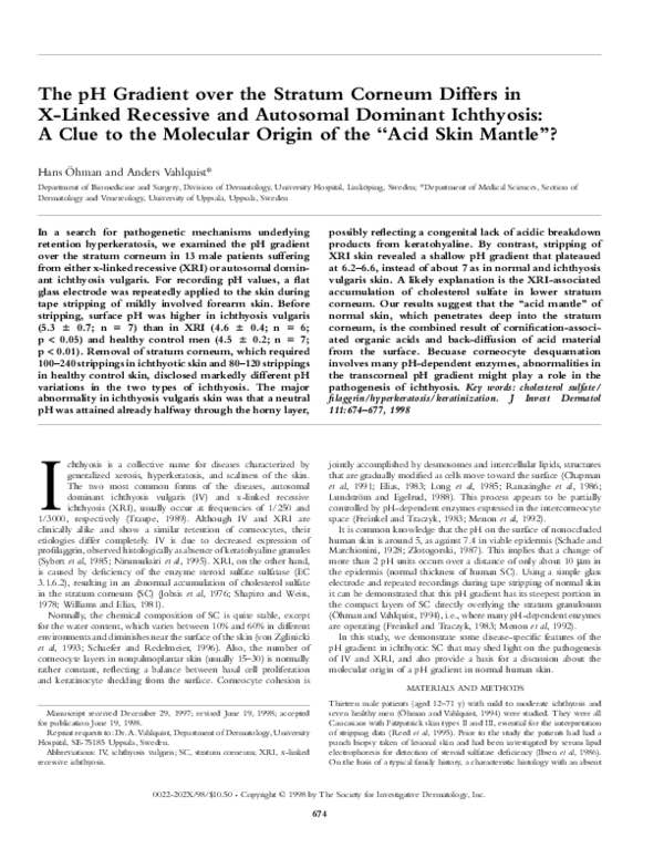 The pH Gradient over the Stratum Corneum Differs in X-Linked Recessive ...