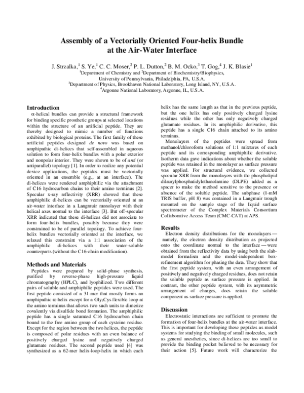(PDF) Assembly of a Vectorially Oriented Four-Helix Bundle at the Air/Water Interface via ...