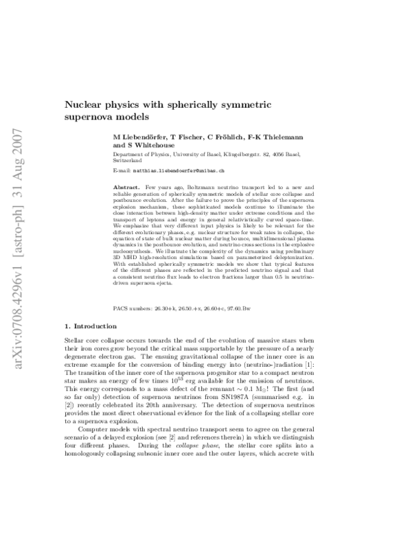 Nuclear physics with spherically symmetric supernova models