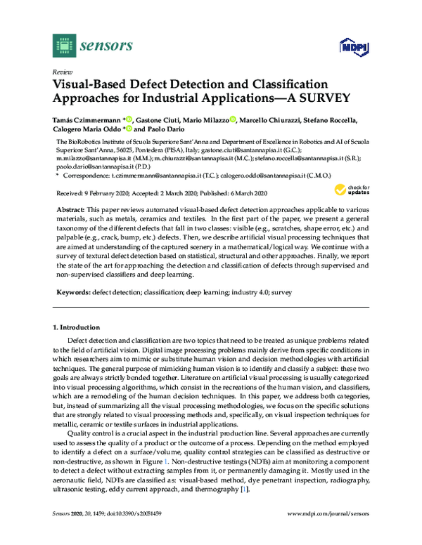 Pdf Visual Based Defect Detection And Classification Approaches For Industrial Applications—a