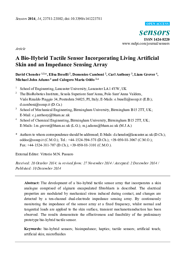 Pdf Article A Bio Hybrid Tactile Sensor Incorporating Living Artificial Skin And An Impedance