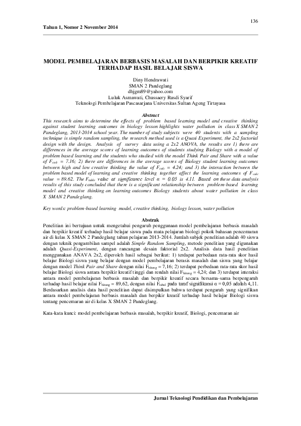 (PDF) Model Pembelajaran Berbasis Masalah Dan Berpikir Kreatif Terhadap Hasil Belajar Siswa