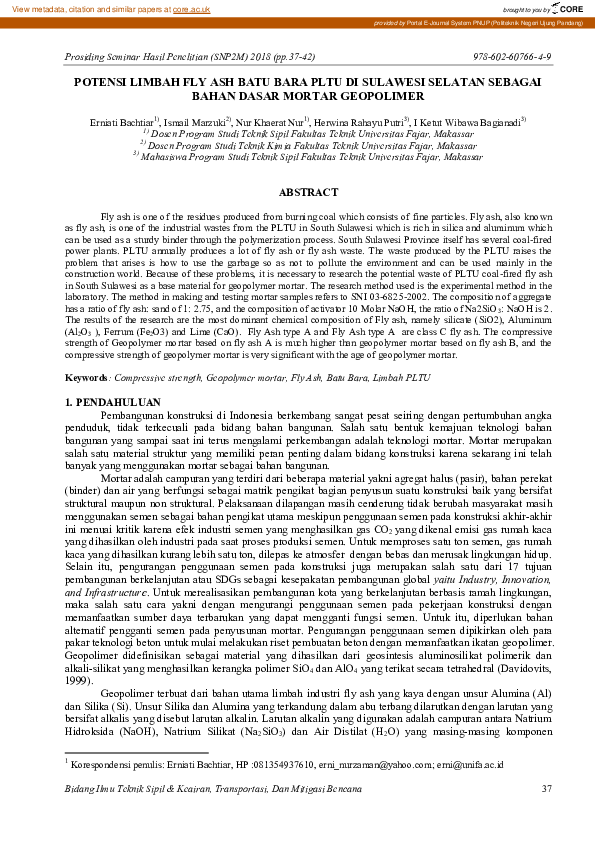 (PDF) Potensi Limbah Fly Ash Batu Bara Pltu DI Sulawesi Selatan Sebagai Bahan Dasar Mortar ...