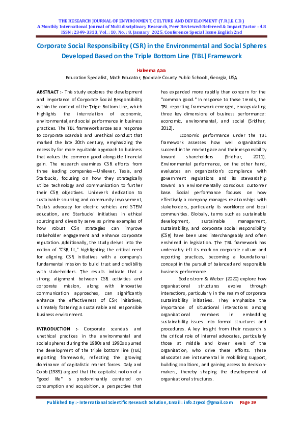(PDF) Corporate Social Responsibility (CSR) in the Environmental and ...