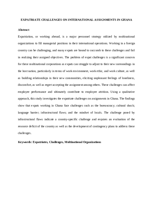 (PDF) EXPATRIATE CHALLENGES ON INTERNATIONAL ASSIGNMENTS IN GHANA