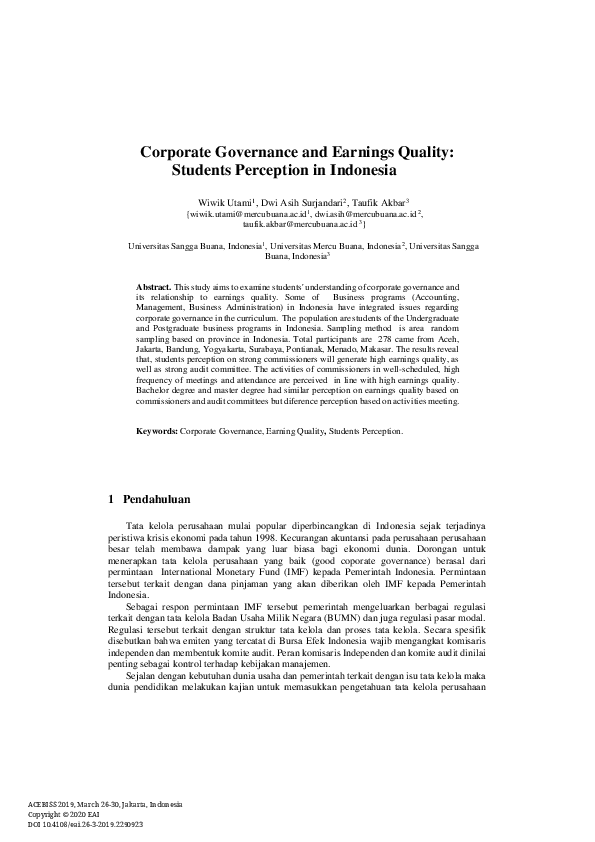 (PDF) Corporate Governance and Earnings Quality: Students Perception in Indonesia