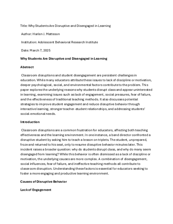 (PDF) Why Students Are Disruptive and Disengaged in Learning