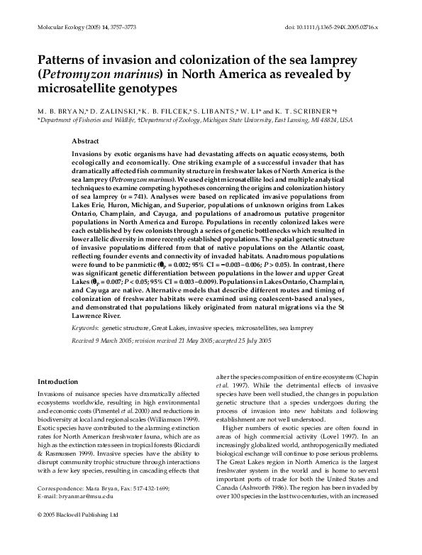 (PDF) Patterns of invasion and colonization of the sea lamprey ...