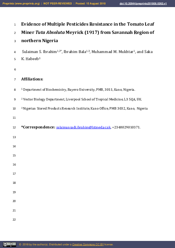 (PDF) Evidence of Multiple Pesticides Resistance in the Tomato Leaf Miner Tuta Absoluta Meyrick ...