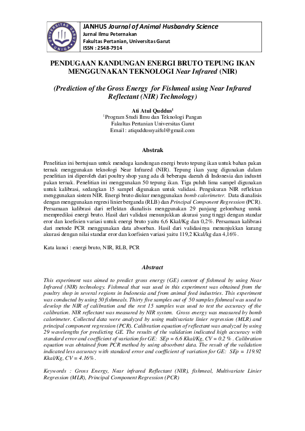 (PDF) PENDUGAAN KANDUNGAN ENERGI BRUTO TEPUNG IKAN MENGGUNAKAN ...
