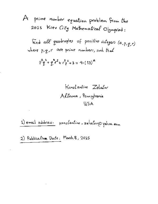(PDF) A prime number equation problem from the 2025 Kiev City ...