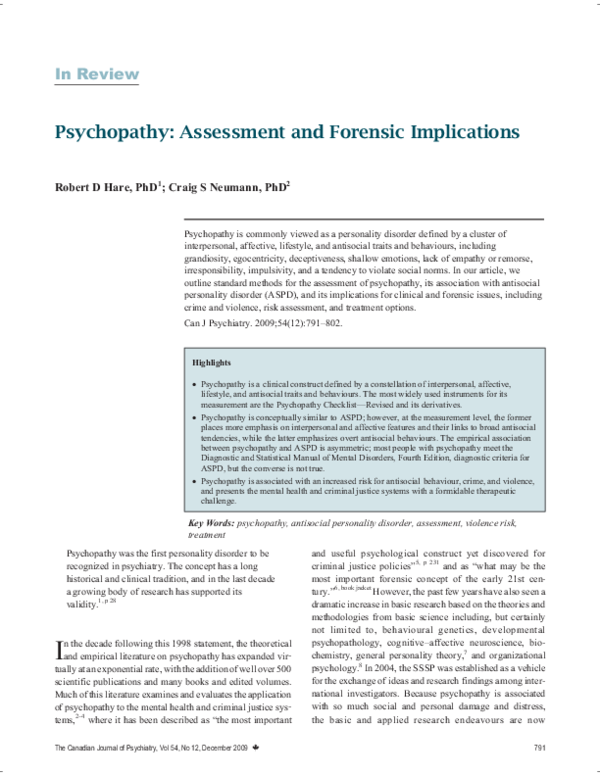(PDF) Psychopathy: Assessment and Forensic Implications